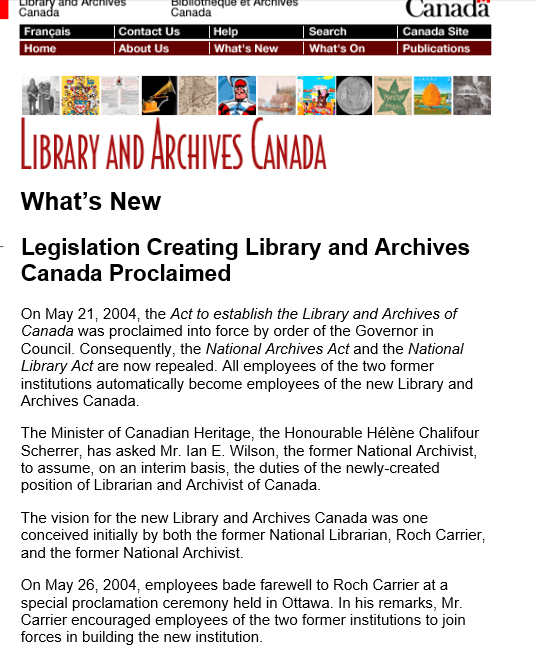 Library and Archives Canada celebrates its founding on this day in 2004 ...